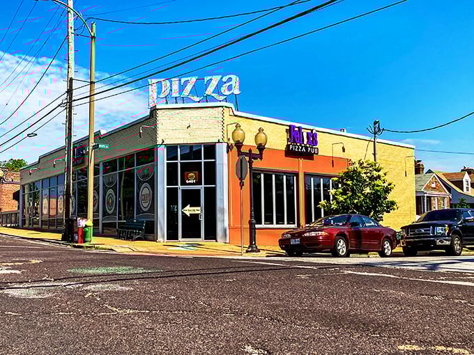 The bold "PIZZA" sign leaves no room for confusion – this corner of St. Louis is serious about its pies.