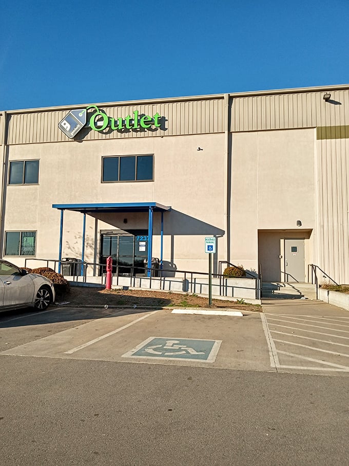 Warehouse wonders! The Goodwill Outlet's spacious layout and blue entrance welcome serious thrifters ready for the ultimate bargain hunt.