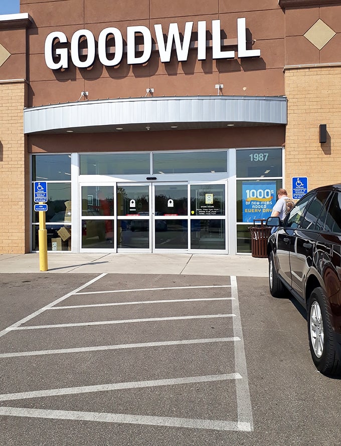 The welcoming entrance of Goodwill on Scott Road—where one person's castoffs become another's conversation pieces.