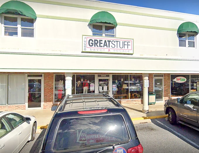 This classic storefront design suggests the kind of curated treasures that make thrifting feel like archaeology.