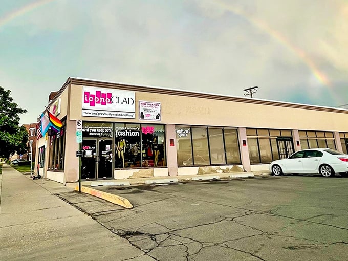 A rainbow welcomes all to this unique boutique where vintage treasures await the fashion-forward thrifter.