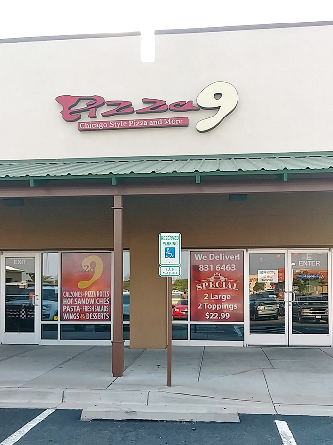 Pizza 9's daytime façade may look humble, but that sign promises Chicago-style glory. Sometimes the best treasures come in plain packages.
