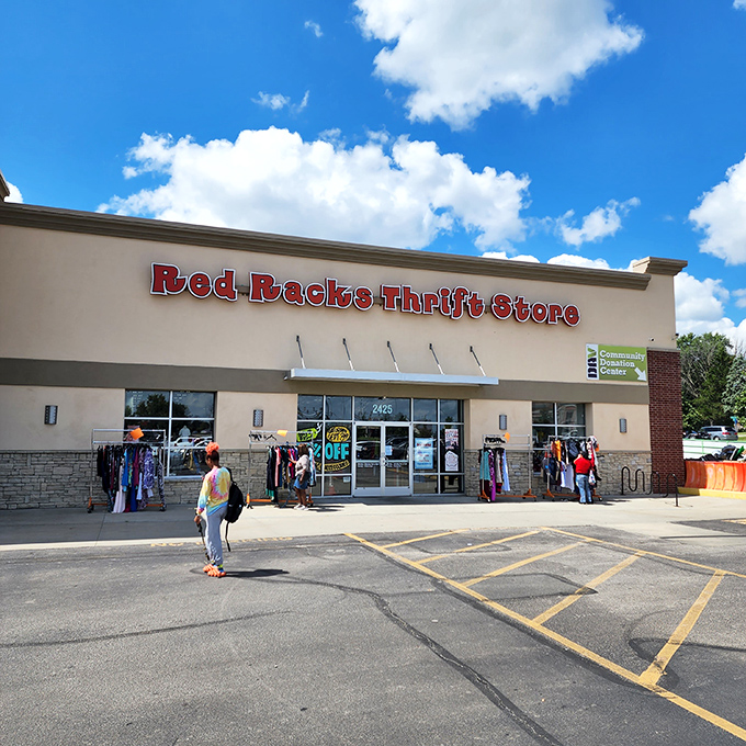 Red Racks under blue skies—a perfect day for treasure hunting. Those outdoor racks are just appetizers for the feast inside.
