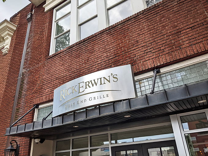 The elegant signage of Rick Erwin's West End Grille hints at the upscale experience waiting inside. Brick exterior, beefy interior!