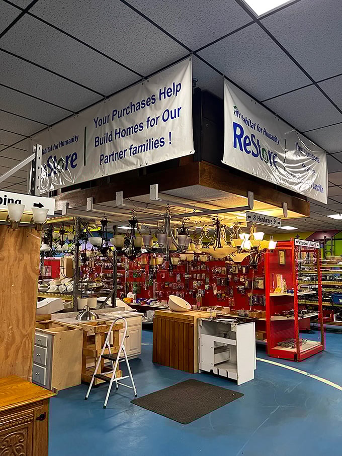Light fixtures hanging like industrial jewelry above shelves of hardware – one person's leftovers become another's perfect match.