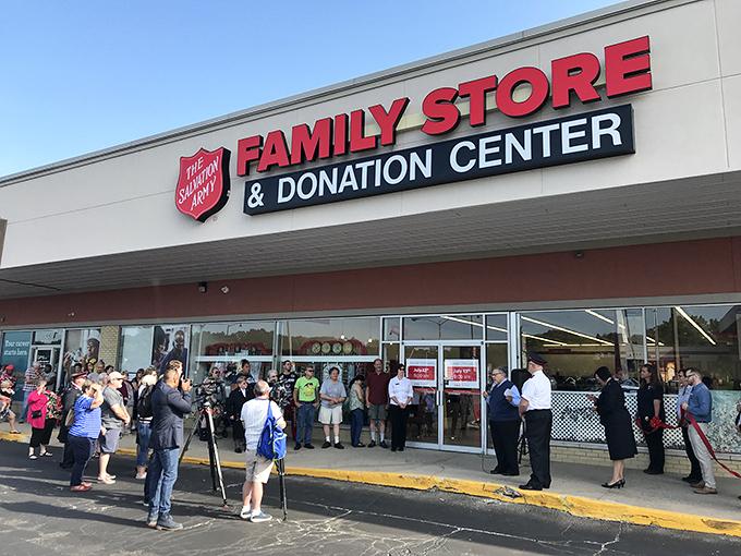 A gathering outside this Salvation Army location suggests a special event – perhaps a grand opening or community celebration of thrifty goodness.