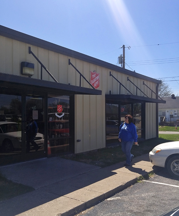 Sunshine highlights the iconic red shield—a symbol that your thrifting adventure supports neighbors in need.