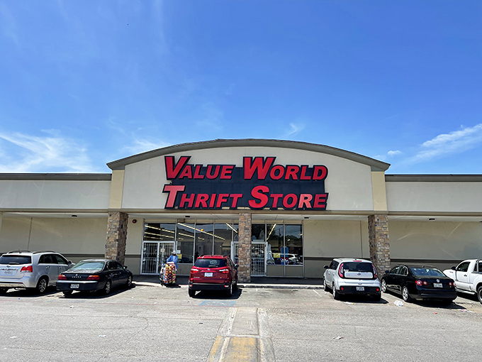 The curved entrance of Value World welcomes thrifters into a world where yesterday's luxuries become today's bargains.