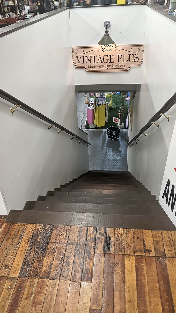 Like Alice falling down the rabbit hole, these stairs lead to a wonderland where "Downstairs Any Era" isn't just a sign—it's a promise.