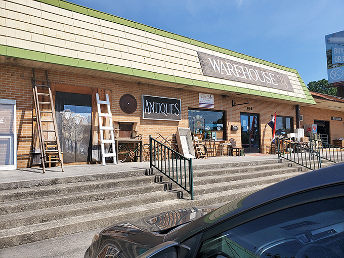 Warehouse 313 Antiques beckons treasure hunters with its weathered steps and vintage ladders—retirement's version of an archaeological expedition.