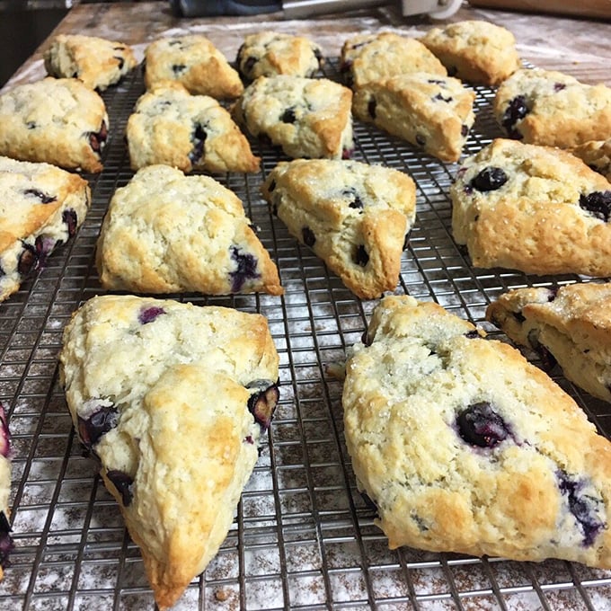 Blueberry scones cooling on the rack – the golden exteriors and purple-jeweled interiors promising a perfect balance of crumb and fruit.