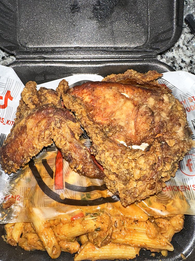 Behold: chicken so perfectly fried it makes you wonder if your grandmother has been secretly moonlighting in this kitchen.