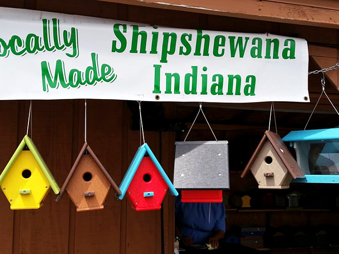 These colorful birdhouses aren't just homes for feathered friends—they're tiny works of Hoosier craftsmanship that bring a splash of joy to any garden.