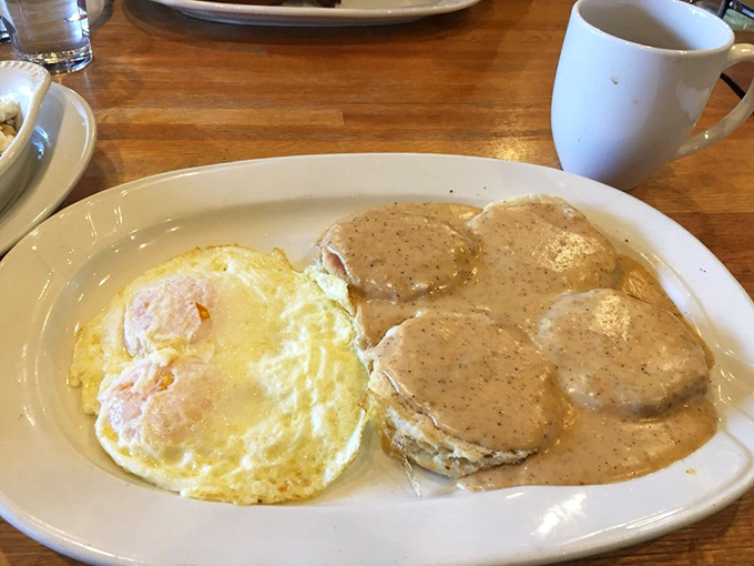 When eggs and biscuits get together like this, it's not just breakfast—it's edible poetry with gravy as the sonnet.