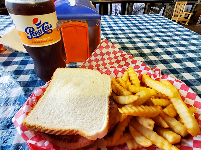 Simple pleasures done right—white bread, crinkle-cut fries, and a cold Pepsi on a blue-checked tablecloth. Sometimes perfection needs no embellishment.
