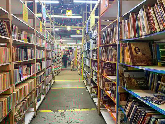 Literary canyons formed by towering shelves. That shopping cart isn't for groceries—it's for the feast of words you're about to take home.