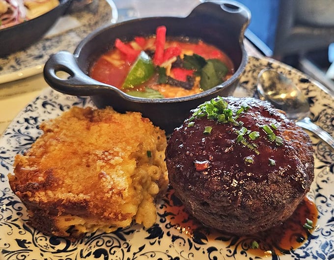 This meatloaf and mac combo is what happens when comfort food goes to finishing school—refined yet still knows where it came from.
