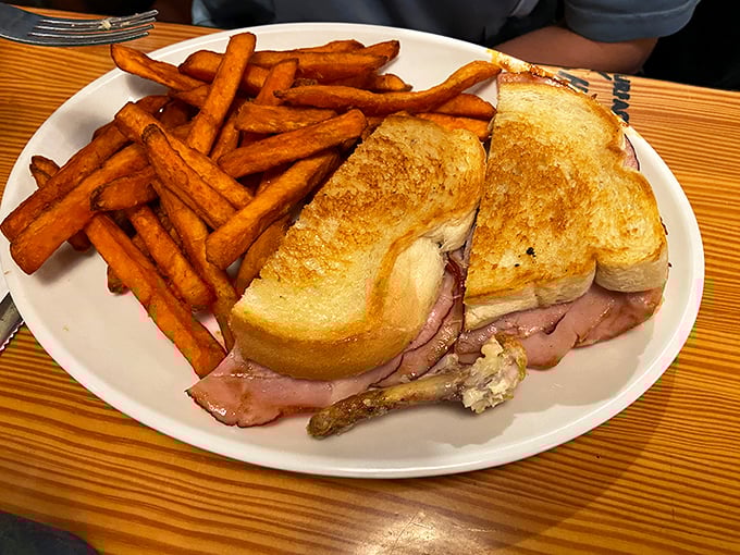 The grilled ham sandwich and sweet potato fries combo—a lunch so satisfying it makes you wonder why you'd ever waste calories on fancy food.