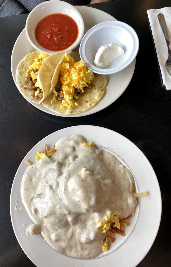 Breakfast tacos and country gravy—proof that morning meals don't need to be complicated to be extraordinary. Simple perfection on a white plate.