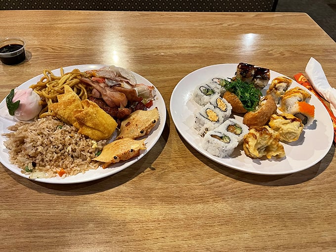 The art of buffet plate arrangement—a little bit of everything, strategically positioned to prevent flavor mingling. A culinary jigsaw puzzle worth solving.