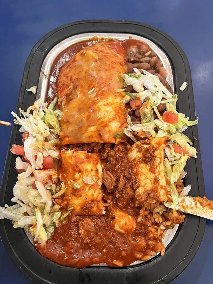 This burrito isn't just wrapped – it's smothered, covered, and completely committed to making your taste buds dance the New Mexican two-step.