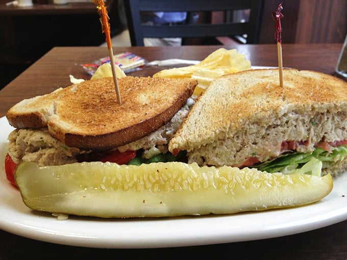 Tuna salad elevated to an art form—nestled between perfectly toasted bread with fresh veggies and a pickle spear standing guard. Lunch perfection achieved.