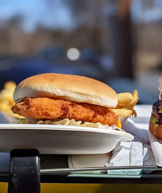 The star of the show—a golden-fried chicken sandwich with crispy edges that make a satisfying crunch heard 'round Perry County.