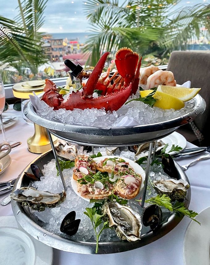 The seafood tower that makes neighboring diners develop sudden, acute cases of order envy – ocean treasures displayed like maritime jewelry.