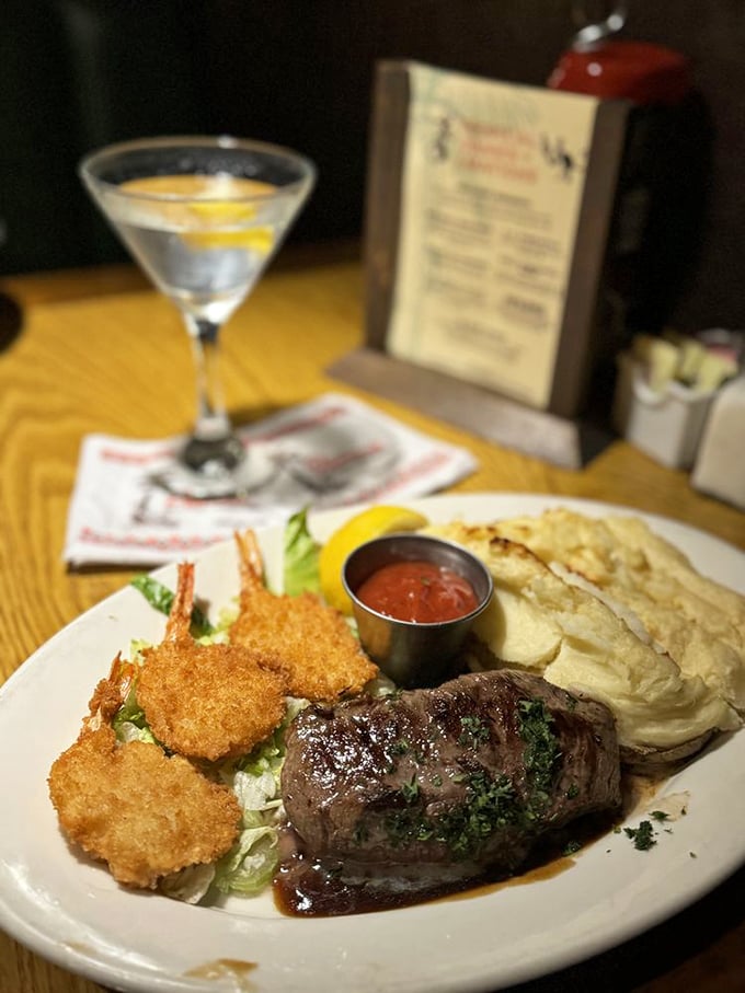 Surf meets turf in perfect harmony – a tender steak alongside crispy shrimp proves that some of the best relationships are opposites attracting.