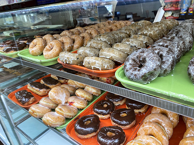 Donuts in their natural habitat—glistening with glaze, perfectly arranged, and silently judging your willpower from behind the glass.