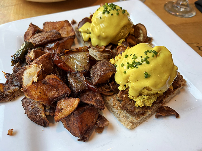 Eggs Benedict reimagined is what breakfast aspires to be. Those golden hollandaise-draped eggs sitting atop crispy potatoes would make any brunch enthusiast weak at the knees.