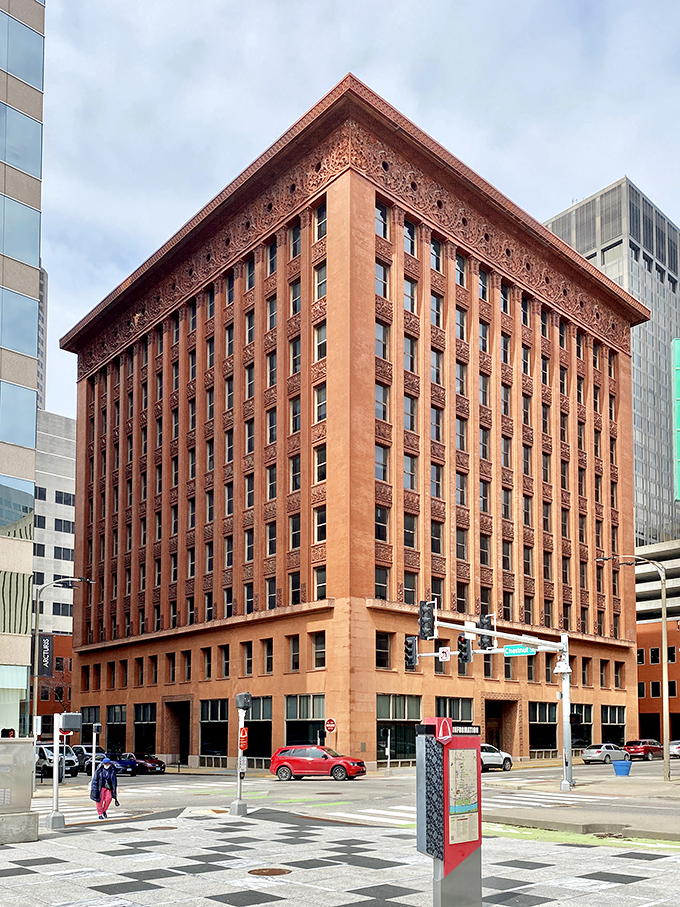 Historic architecture in downtown St. Louis showcases the region's rich past, just a short MetroLink ride from Maplewood's more modest but equally character-filled streets.