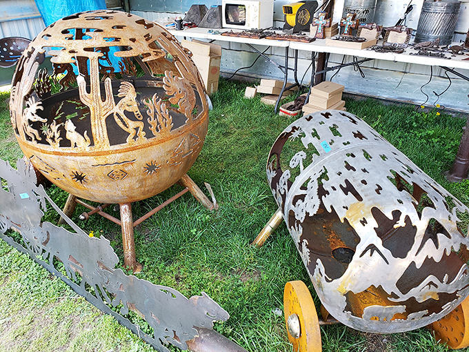 Metal fire pits with intricate southwestern cutouts—perfect for those Kansas evenings when you want your backyard to look like an Instagram post.