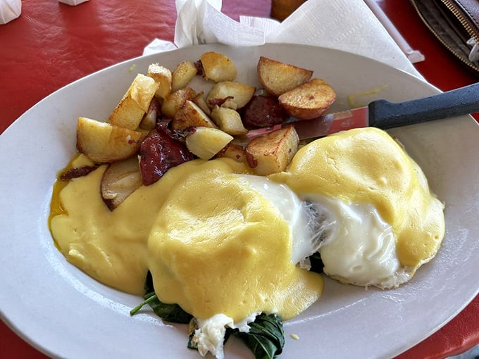 Eggs Benedict gets a Southern makeover. That hollandaise sauce isn't just yellow—it's liquid sunshine on a plate.