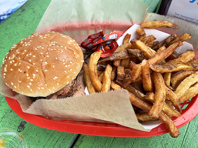 Sometimes happiness is as simple as a proper pulled pork sandwich and hand-cut fries on a sunny Georgia afternoon.