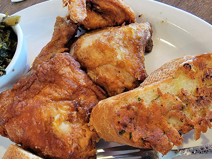 Fried chicken so perfectly golden it deserves its own Instagram filter. The crunch is practically audible through the photo.