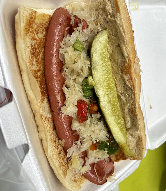 The classic hot dog gets the deli treatment with sauerkraut and pickle—proof that simple food done right is culinary poetry.