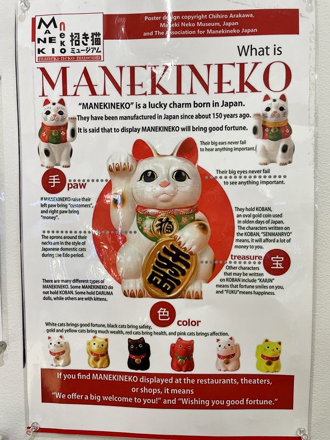 This informative poster breaks down the Maneki Neko mythology – turns out different colored cats bring different kinds of luck. Who knew feline feng shui was so specific?