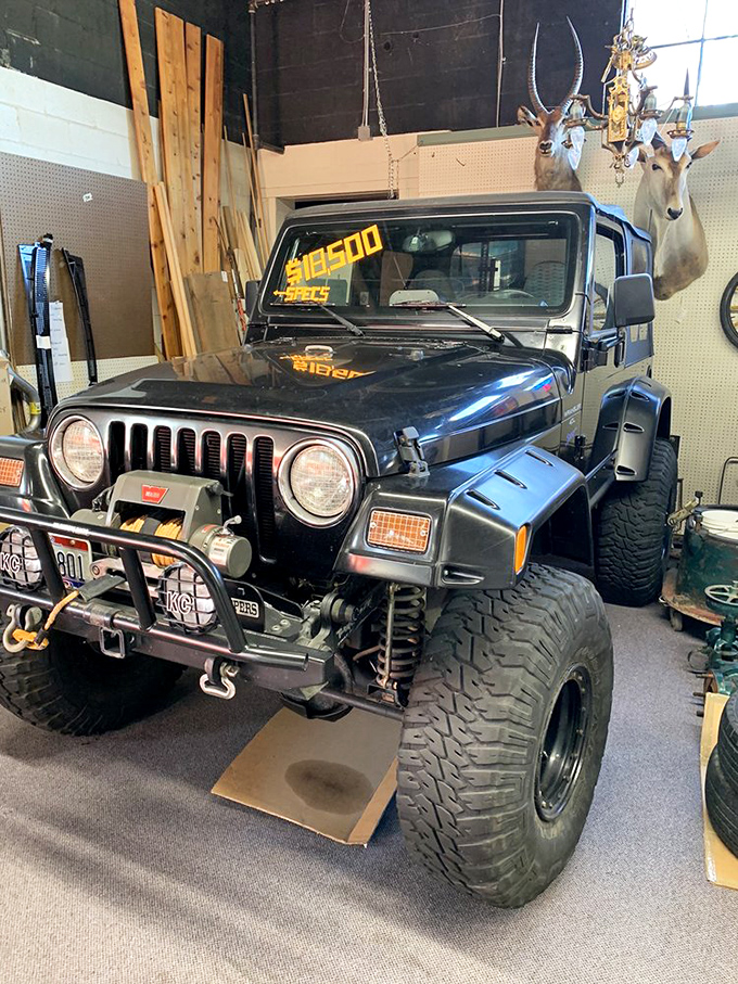 This isn't just a Jeep—it's an adventure waiting to happen, parked between taxidermy and treasures like some rugged Indiana Jones artifact.