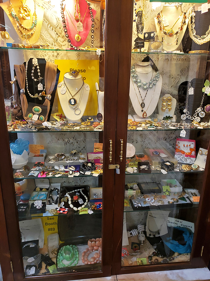 Baubles, beads, and bling behind glass – a jewelry collection spanning decades of fashion, each piece waiting for its second act.