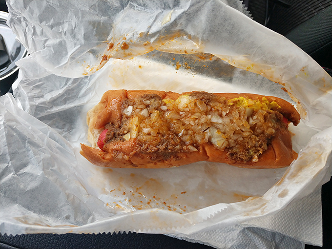 When they say "all the way" at Jimmie's, they mean business—a symphony of chili, onions, and mustard that makes every other hot dog seem underdressed.