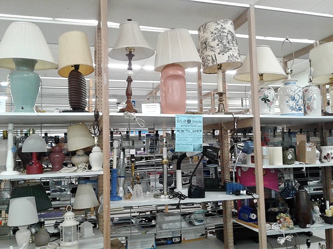 A legion of lamps stands at attention, ready to illuminate your reading nook. That pink ceramic one is either hideously wonderful or wonderfully hideous – you decide.
