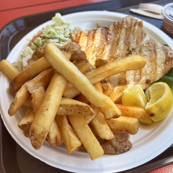Perfectly grilled mahi-mahi with golden fries and crisp slaw—proof that sometimes the simplest preparation lets great seafood speak its delicious truth.
