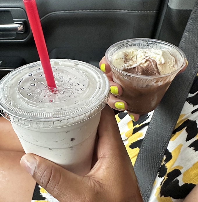 Car cup holders were invented for moments like this. Two milkshakes—the perfect companions for a Delaware scenic drive or traffic jam.