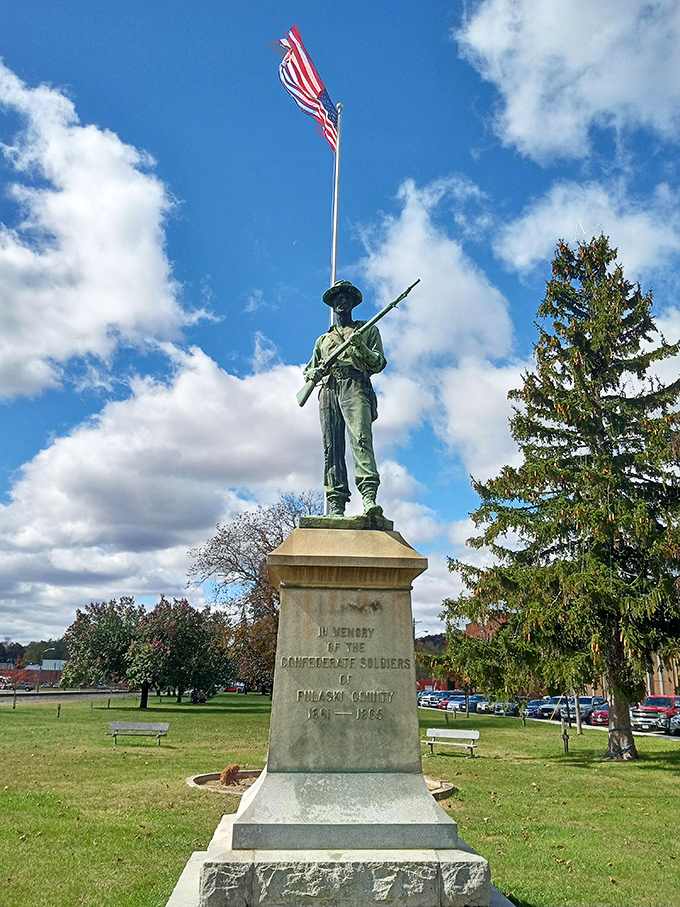 History stands tall in Pulaski's town square, where this monument serves as a reminder of the area's complex and storied past.