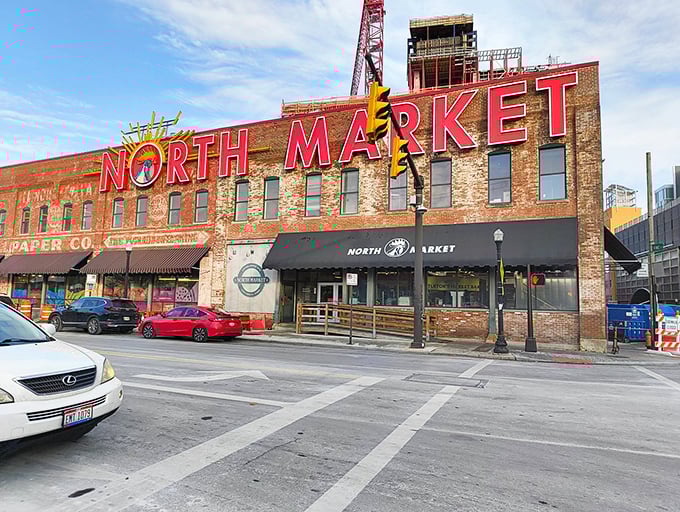 North Market—where food shopping becomes a contact sport. Local vendors hawk everything from spices to pierogies under the watchful eye of that iconic sign.