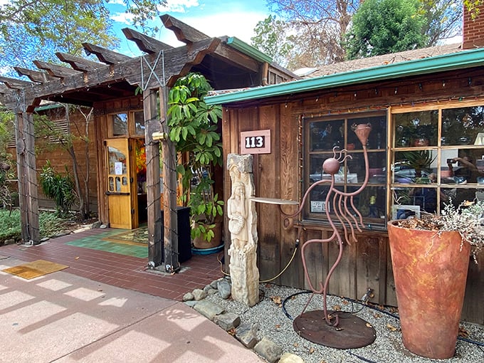 The Ojai Art Center's rustic wooden facade and whimsical metal sculpture hint at the creativity bubbling inside. Bohemian spirit, perfectly captured.