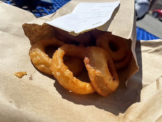 Onion rings that achieve the impossible balance: delicate enough to bite through cleanly, substantial enough to satisfy completely.