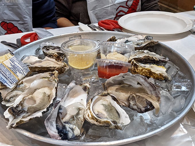 Fresh oysters on ice with dipping sauces—nature's perfect appetizer, straight from the sea to the Midwest.
