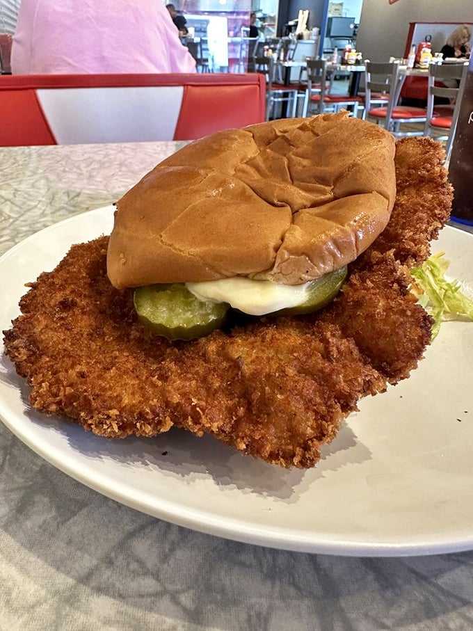 A breaded pork tenderloin sandwich so massive it's trying to escape the plate – with pickles standing guard to prevent its getaway.
